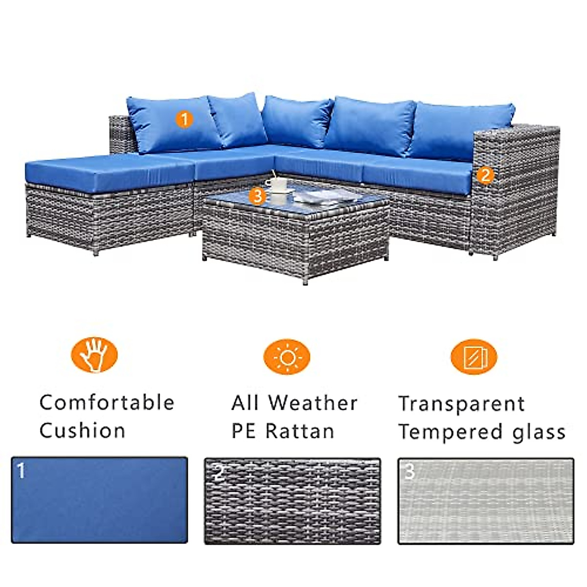 MOLIXXES 4 Pieces PE Wicker Outdoor Sofa Couch Sectional Patio Set,Patio Furniture Sectional Sofa with Ottoman, Glass Table, Pillow,Gray Rattan Blue Cushion