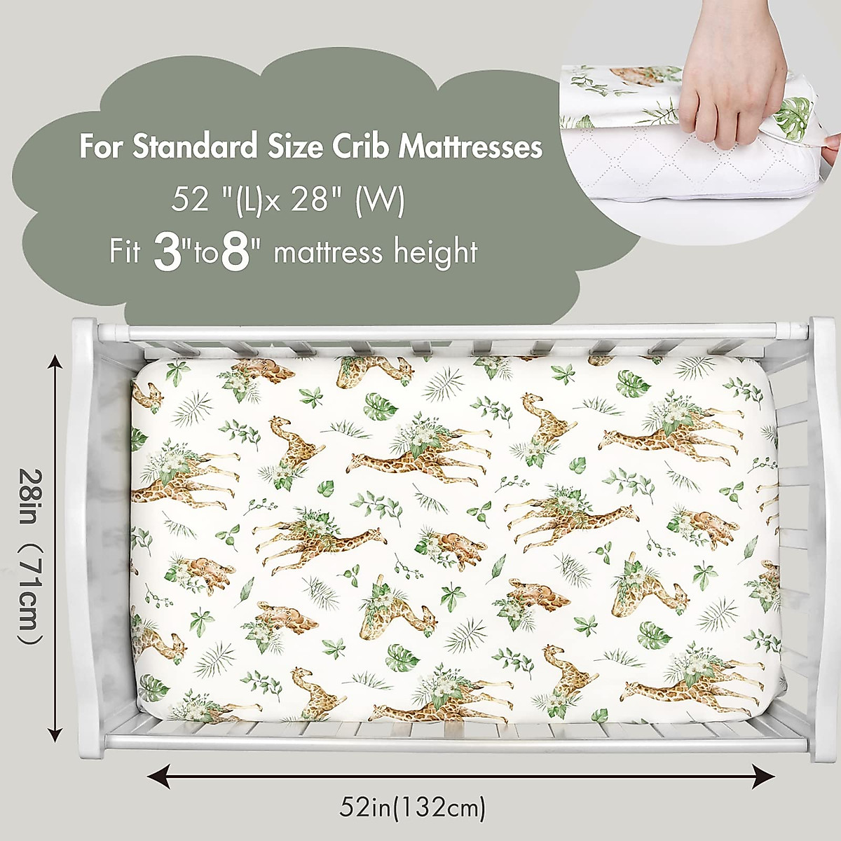 Gllquen Baby Crib Sheets for Boys Girls, Organic Fitted Crib Sheets Elastic Toddler Bed Crib Mattress Sheet Floral Pattern, Standard Safe Crib Sheets for Baby Unisex 52"x 28" x9"(Giraffe)