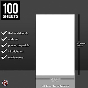 Half Letter Size Cardstock – Great for Business Documents, Letters, Arts, Prints and Crafts, Printing and Writing | 8.5” x 5.5” | Bright White 65lb Cover (176gsm) Card Stock | 100 Sheets per Pack