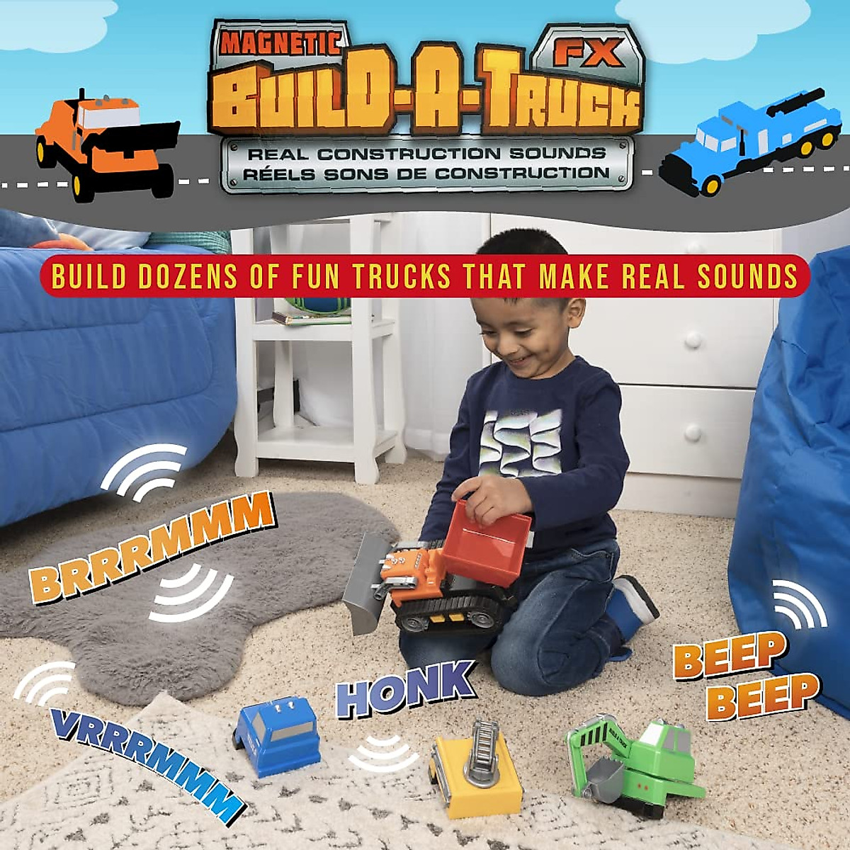 POPULAR PLAYTHINGS Magnetic Build-a-Truck Construction Set of 4 Construction Vehicles with Real Construction Site Sounds