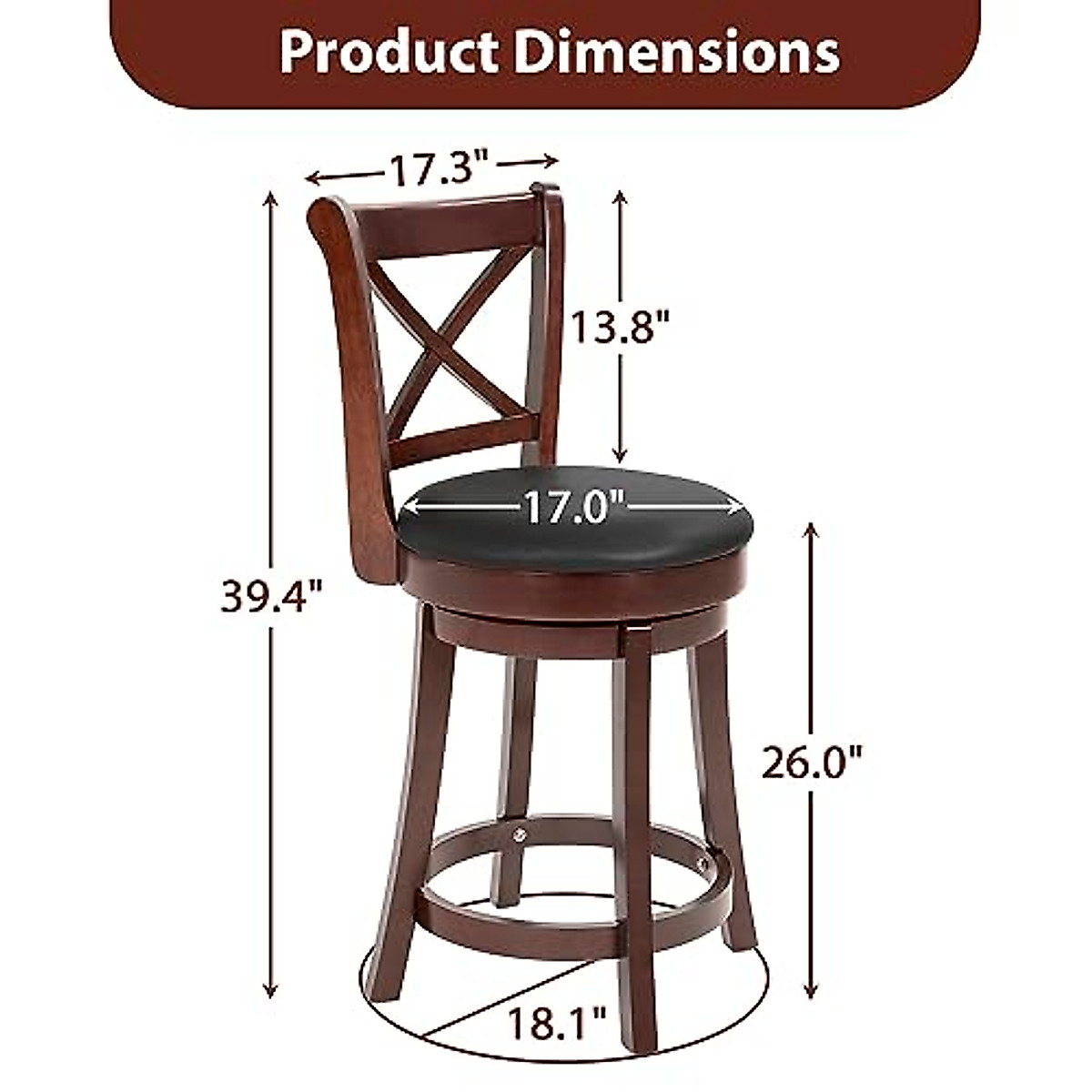 YIQIEDEY Bar Stools,Counter Bar Height Stools with X-Back,Wooden Low Back Bar Stools with 360 Degree Swivel,Kitchen Barstools with PU Leather Upholstery,Brown(39.4" H)