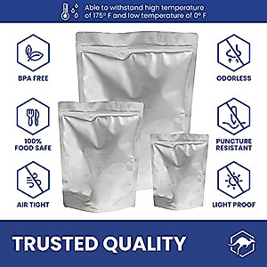 Wallaby 100 Count Mylar Bag Bundle - Multi-Size Pouches, 100x 400cc Oxygen Absorbers, 100x Labels - Heat Sealable, Food Safe & BPA-Free - Long-Term Food Storage for Preppers - Silver (Gusset)