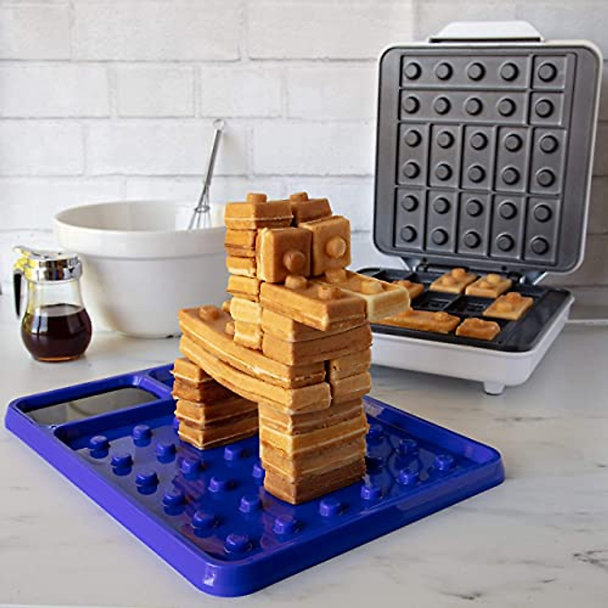 Building Brick Electric Waffle Maker with 2 Construction Eating Plates- Cook Fun, Buildable Waffles or Pancakes in Minutes- Revolutionize Breakfast for Kids, Adults- Stack & Build on Serving Dishes