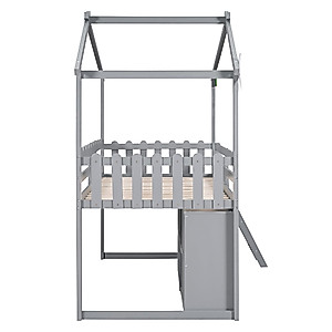 CITYLIGHT Twin Size House Loft Bed with Storage Cabinet and 3 Drawers, Wood Loft Bed Twin with Roof, Blackboards and Guardrail, Kids Playhouse Bed Twin for Teens, Boys, Girls, Grey
