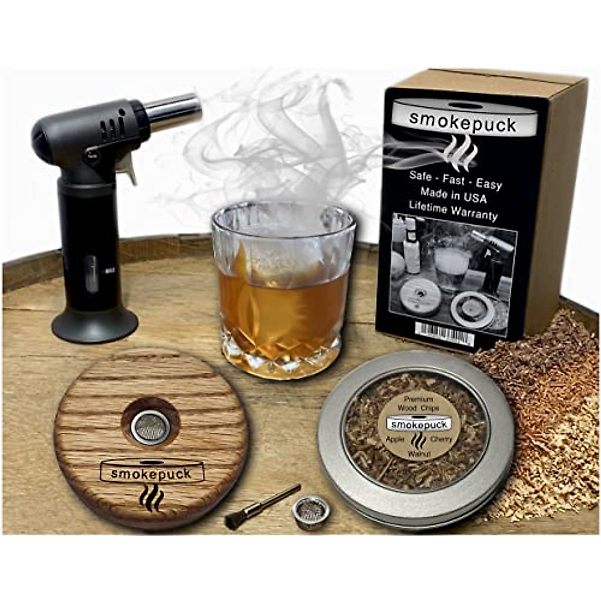 Smokepuck Cocktail Smoker Kit with Apple+Cherry+Walnut Wood Chips - Made in USA - Safe, Fast, Easy Create Smoked Old Fashioned - Great Whiskey & Bourbon Gift - Includes XL Premium Torch - NO Butane