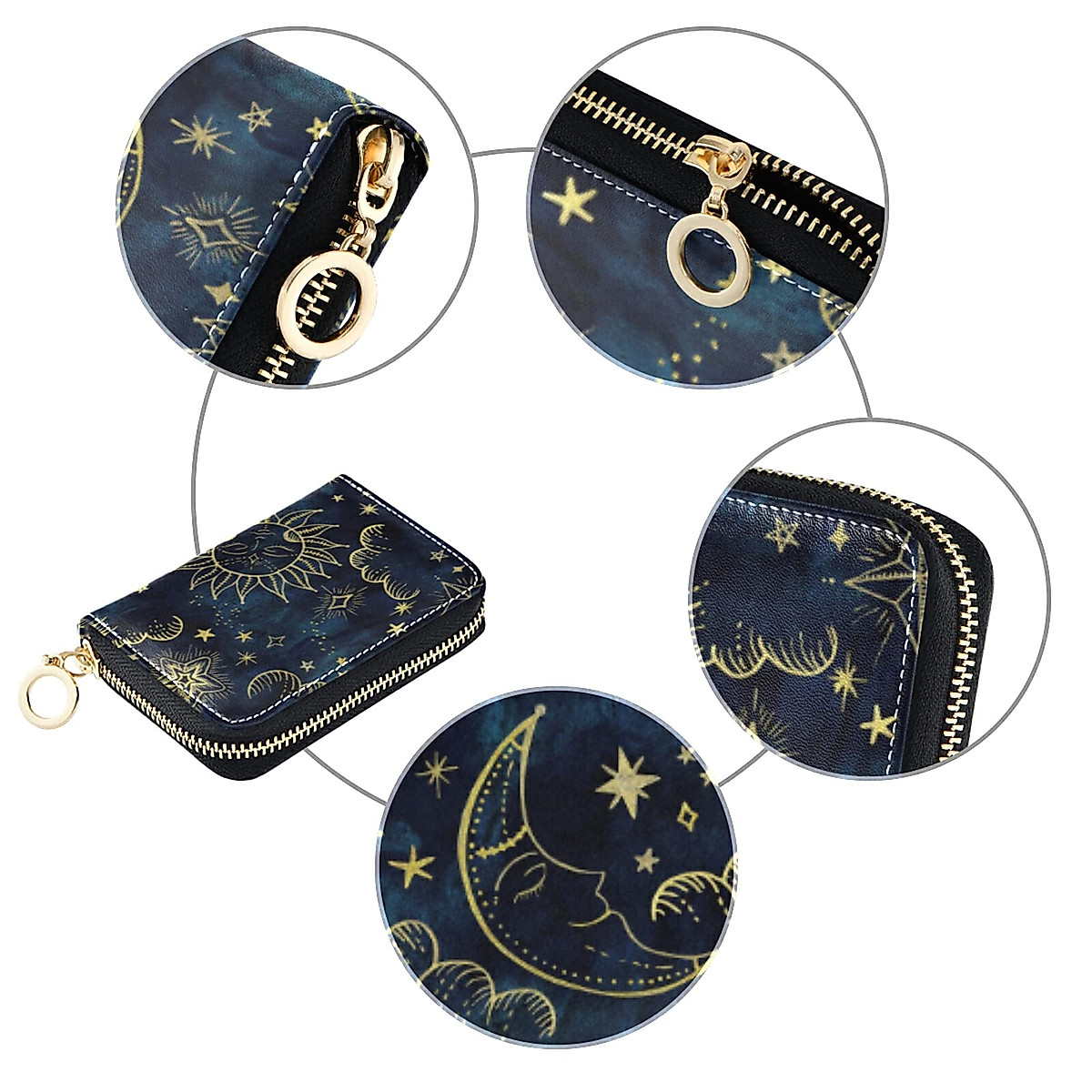 Gold Sun Moon Golden Soleil Cosmos Astrology on Dark Blue Pattern Credit Card Coin wallet, Key Change Organizer Zipper Purse Compact Clutch Pouch Pocket, RFID Blocking Women Leather Card Holder
