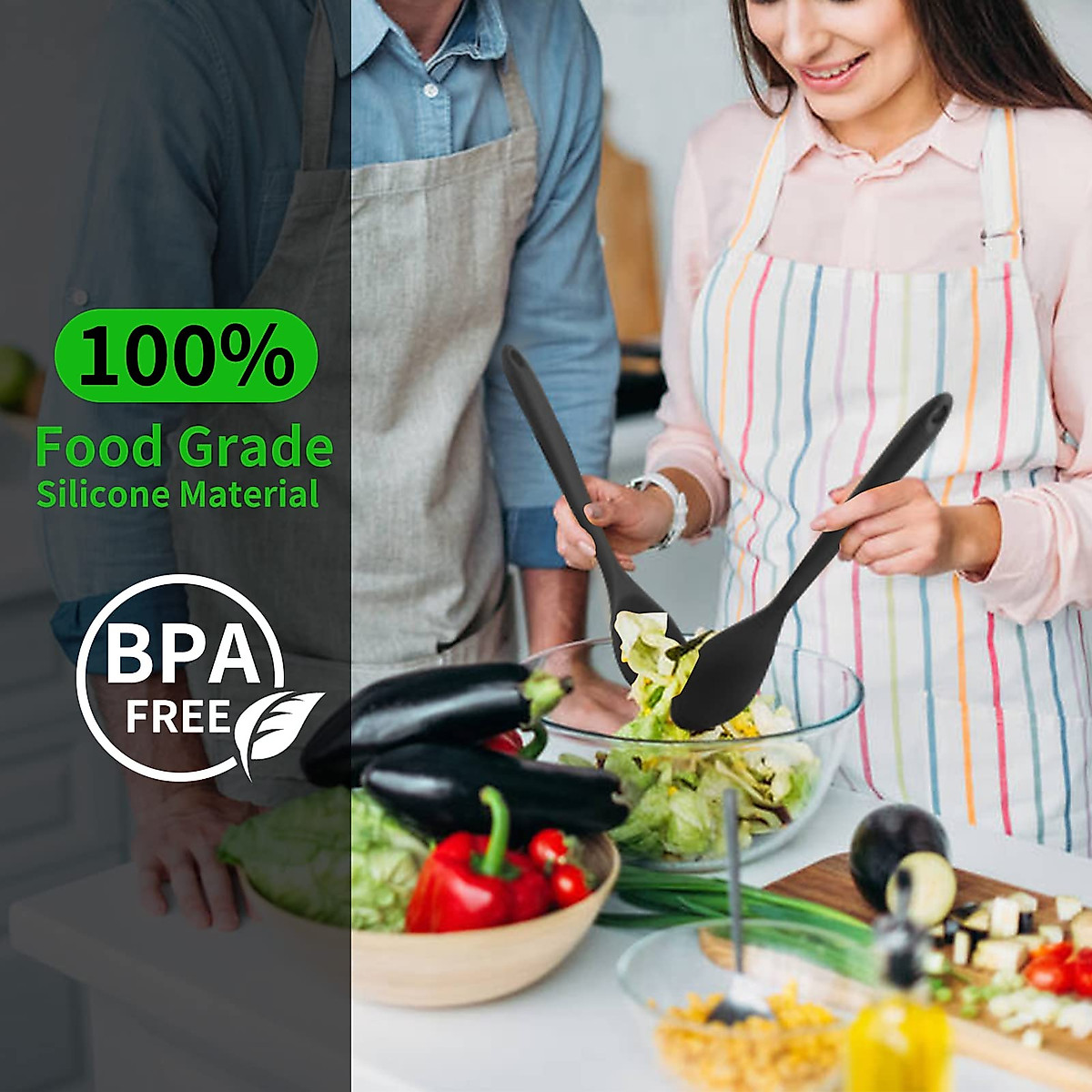 2 Pcs Silicone Nonstick Mixing Spoon, Silicone Spoons for Cooking Heat Resistant, Cooking Utensil for Kitchen Cooking Baking Stirring Serving (Black)