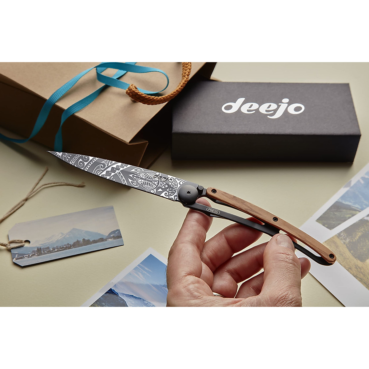 deejo Ultra Lightweight Folding Pocket Knife with Belt Clip - Coral Wood Version 1.3 oz - Fine, Sharp Blade - Polynesian Pattern - Stainless Steel - Elegant and Modern Design