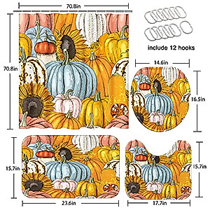ArtSocket 4 Pcs Shower Curtain Set Pumpkin Gourd Sunflower Autumn Orange Harvest Season with Non-Slip Rugs Toilet Lid Cover and Bath Mat Bathroom Decor Set 72" x 72"