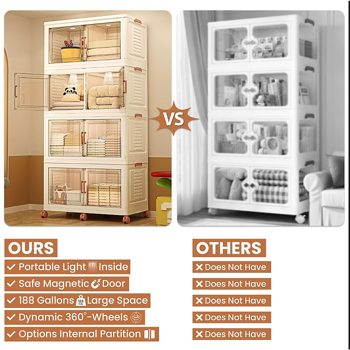 FINCHESCLUB 188Gal/752Qt Large Collapsible Storage Bins | Active Sensor Lights Inside Cabinets