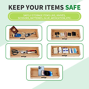 Ecoaterui Kitchen Knife Storage Box with Lock - Kids Safe In Drawer Knife Block, Wooden Sharp Knives Holder & Organizer, Multi Purpose Knife Lock Box, Knife Storage Alternative (Knives Not Included)