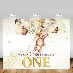 MEHOFOND Boy Girl 1st Birthday Bear Backdrop We Can Bearly Believe It One Happy First Birthday Banner Decorations Photography Background Kids Portrait Cake Table Supplies 7x5ft