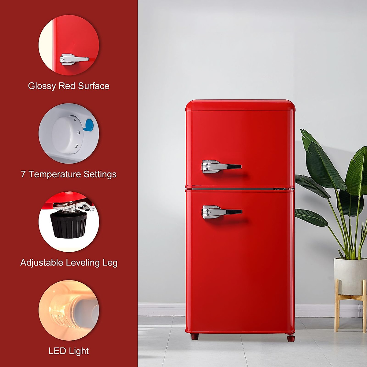 Fridge with Freezer Mini Retro Red 3.5 Cu.ft Compact Refrigerator Small for Bedroom, Office, Dorm, RV, Apartment with Adjustable Mechanical Thermostat 2-Door Design Red
