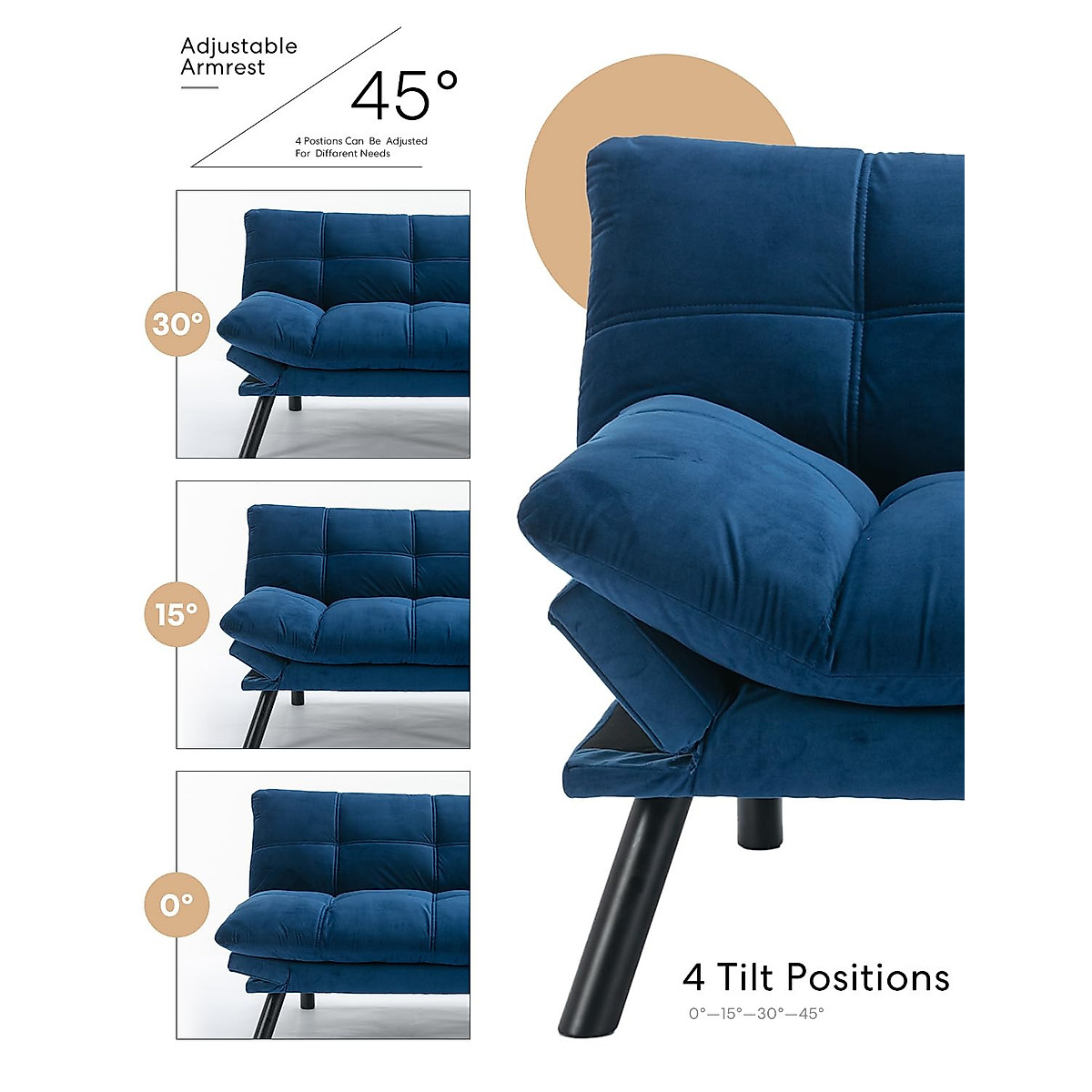 Velvet Convertible Futon Sofa Bed, 71" Comfy Loveseat Sleeper Sofa with Adjustable Backrest Armrest, Strengthen Wood, Thick Padded Cushion, Small 2 Seater Futon Couch for Living Room,Bedroom (blue)