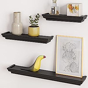 Ballucci Set of 3 Crown Molding Style Floating Wall Shelves, Wooden Ledges for Living Room, Bedroom, Bathroom, Kitchen, Office; 24, 16, 12" - Black
