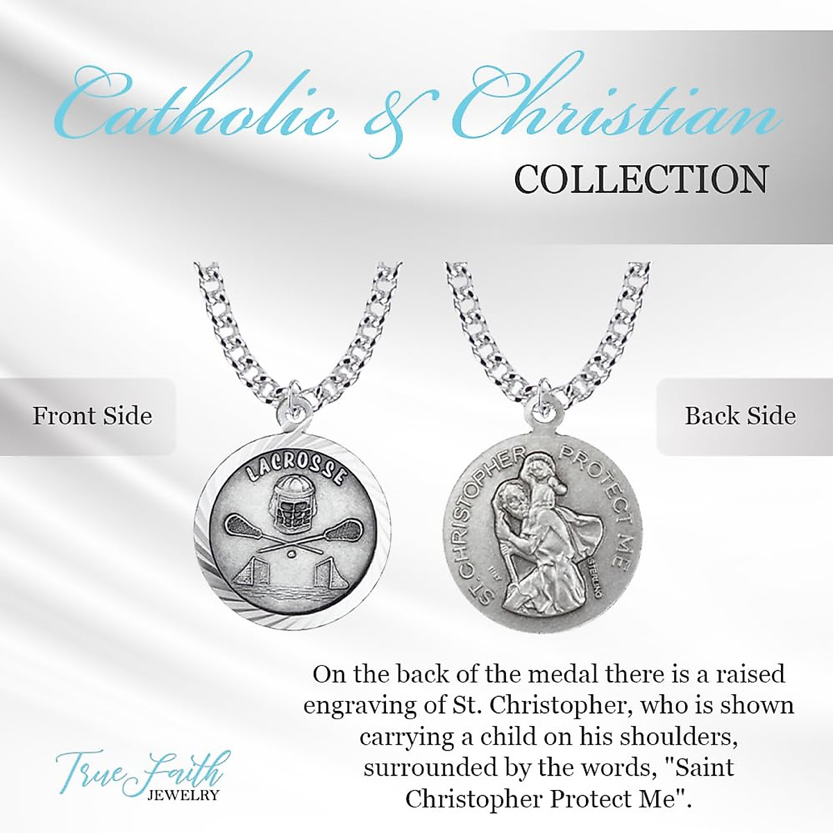TrueFaithJewelry Sterling Silver Saint Christopher Necklace Lacrosse Sports Medal Pendant, 3/4 Inch