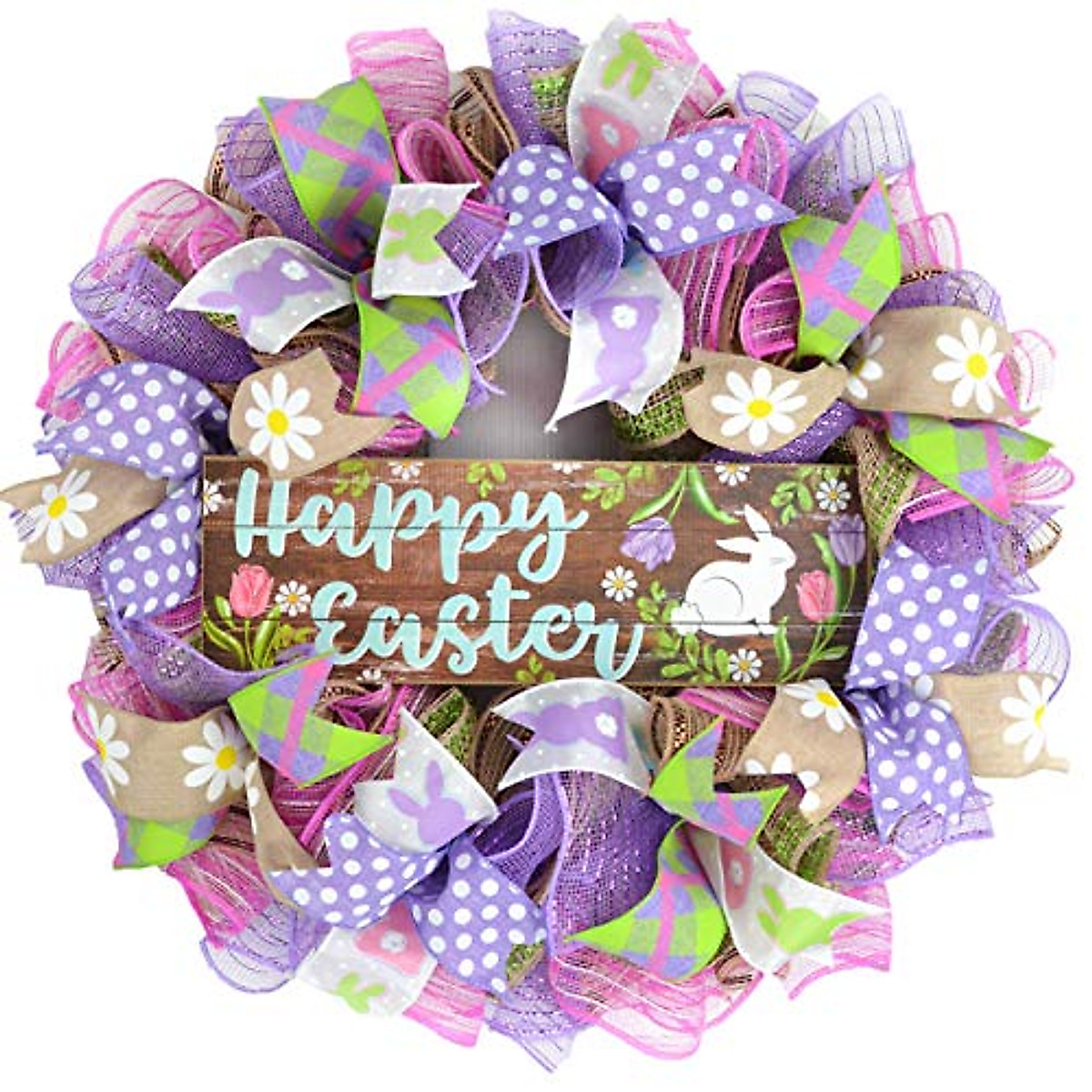 Happy Easter Decorations - Easter Wreaths for Door - Bunny Welcome Door Wreath - Purple Jute Burlap Pink