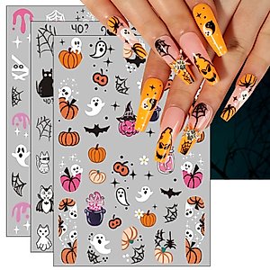 JMEOWIO 9 Sheets Cute Halloween Nail Art Stickers Decals Self-Adhesive Pegatinas Uñas Skull Horror Ghost Witchy Spider Web Bat Pumpkin Spook Nail Supplies Nail Art Design Decoration Accessories