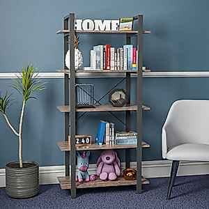 WEASHUME 5 Shelf Vintage Industrial Rustic Bookshelf, Metal and Wood Bookshelf Furniture Farmhouse Wooden Bookshelves for Home Living Room Bedroom Office Storage (Vintage Brown)