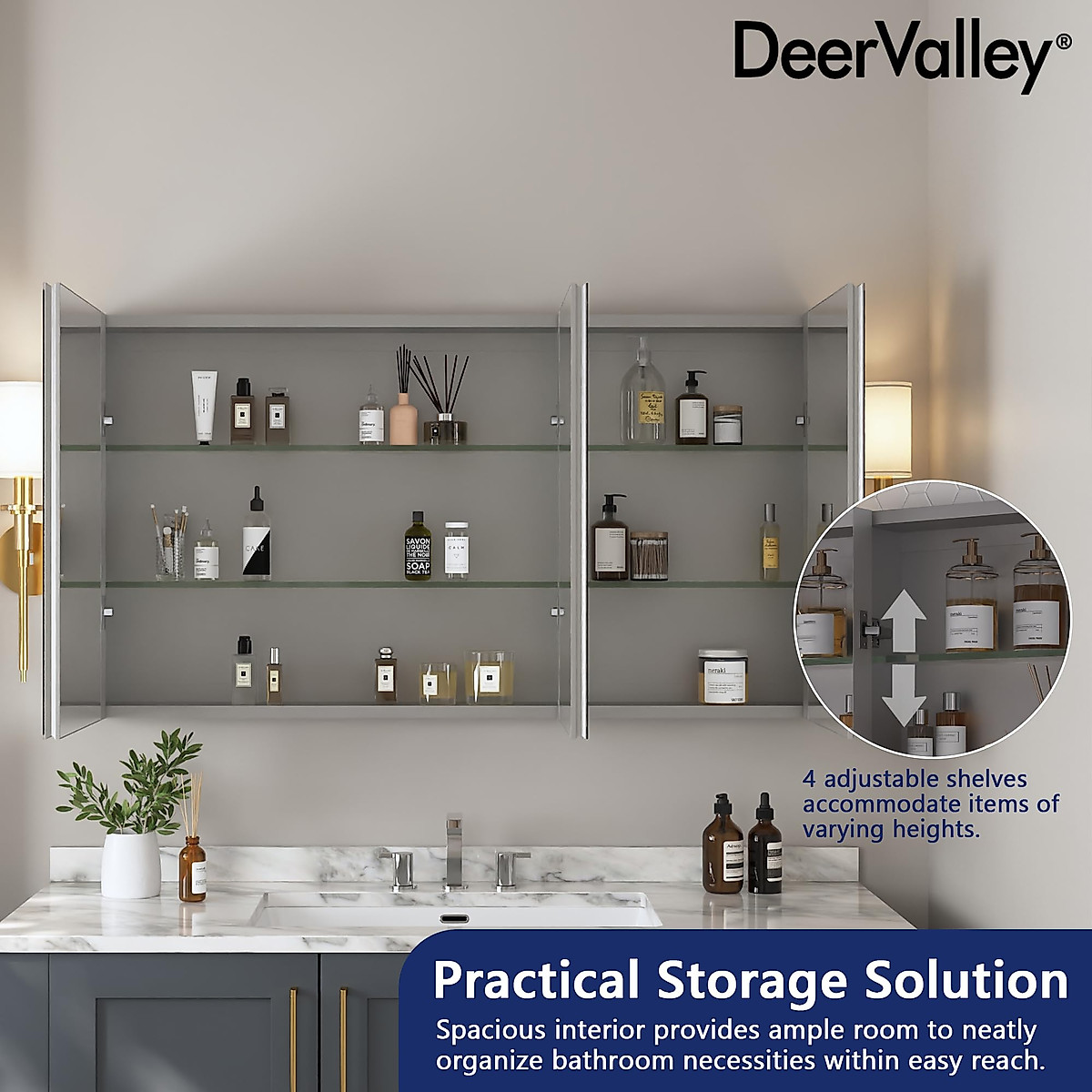 Deer Valley Medicine Cabinet with Mirror, 48" W x 26" H Bathroom Mirror with Storage, 3 Doors Frameless Modern Wall Mount Mirrored Medicine Cabinets with 2 Adjustable Shelves DV-1MC0149