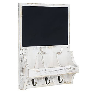 MyGift Whitewashed Wood Entryway Wall Organizer, Family Command Center Mail and Key Holder Rack with 3 Hooks, 3 Mail Slots and Chalkboard