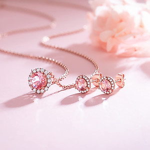 Gloffery 18K Rose Gold Plated 925 Sterling Silver Created-Morganite Round Solitaire Dainty Halo Pendant Necklace and Earrings Set for Women, Sterling Silver, created morganite