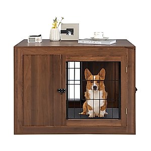PETSITE Dog Crate Furniture with Cushion, Wooden Dog Crate End Table with Double-Doors, Dog Kennel Indoor, Pet Cage House for Small to Medium Sized Dogs