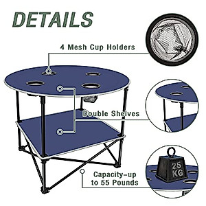LESES Portable Picnic Table with Shelf Beach Table Outdoor Folding Camping Tables That Fold Up Lightweight with Cup Holders with Storage Bag