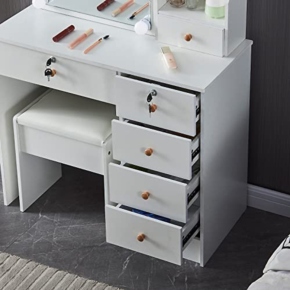 Jansaimei White Vanity Table Set with Mirror and Lights and 3 Color Light Settings, Makeup Vanity Desk Multiple Drawers Capacity with Chair and Mirror. Dressing Table for Girls and Women.