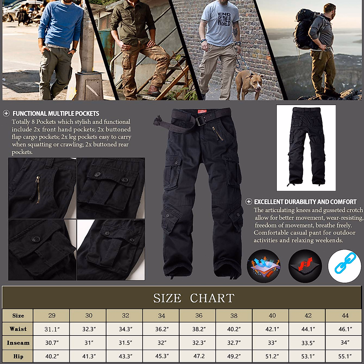 AKARMY Men's Casual Cargo Pants Military Army Camo Pants Combat Work Pants with 8 Pockets(No Belt) Black 38