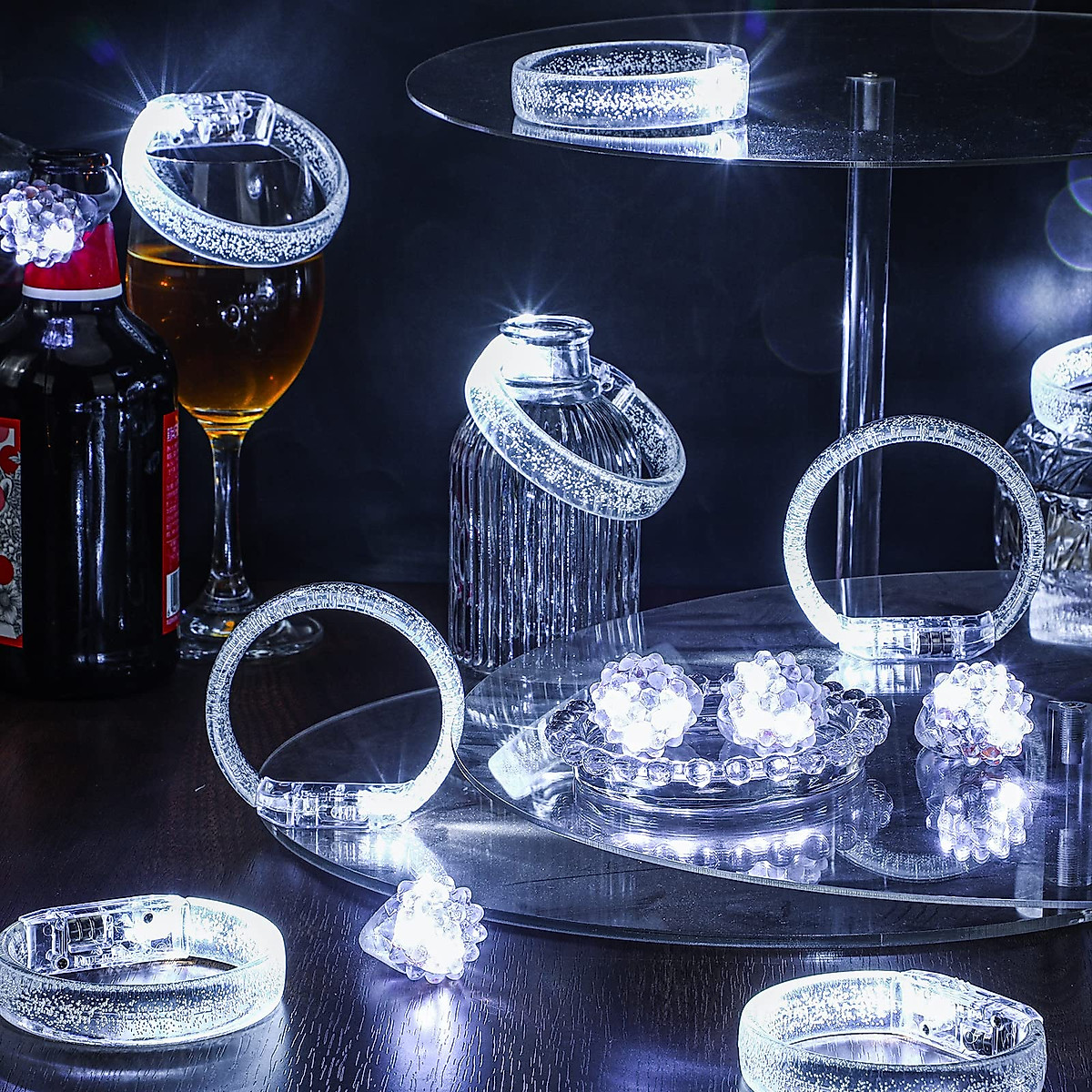 Wettarn 24 Pcs LED Light up Bracelets and LED Flashing Bumpy Rings Set with 12 Glow Bracelets 12 Jelly Bumpy Finger Rings Light up Rings Glow Rings LED Wristband for Wedding Bridal Shower Party Favors