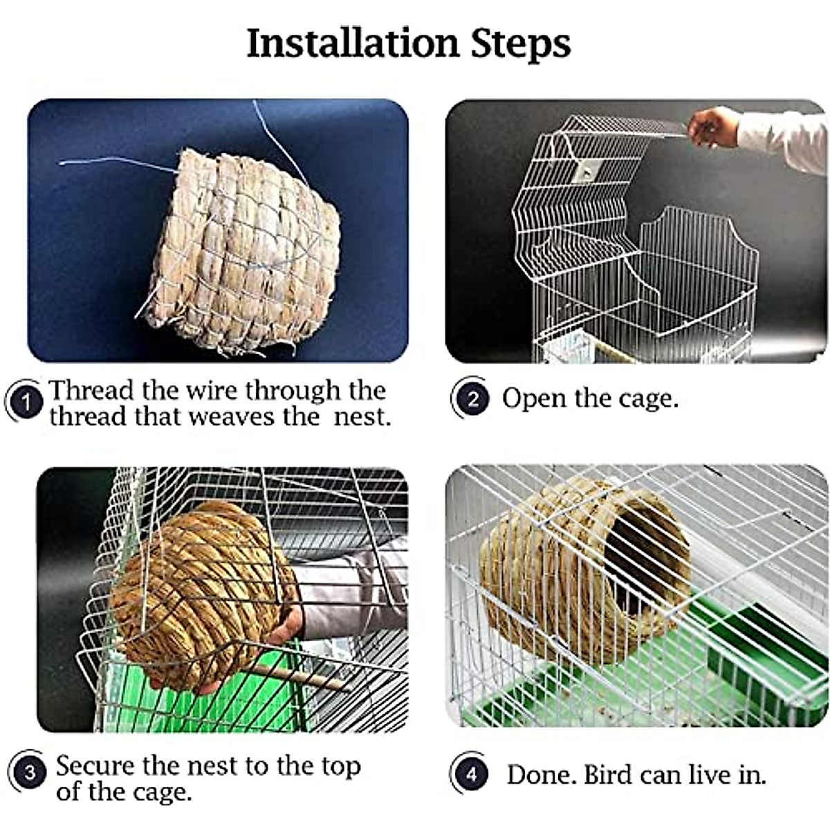 kathson Straw Bird Nest Natural Fiber Birdcage Birdhouse Parrot Hideaway Shelter Hut Parakeet Perch Hanging Bell Toys for Small Finch Canary Lovebird Resting Breeding Playing 4PCS