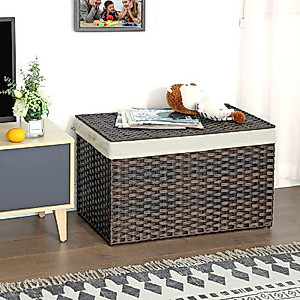 SONGMICS Storage Basket with Lid, Rattan-Style Storage Trunk with Cotton Liner and Handles, for Bedroom Closet Laundry Room, 29.9 x 17.1 x 18.1 Inches, Brown URST76BR