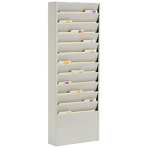 Displays2go Office File Folder Wall Rack, 11 Tiered Pockets, Medical Chart Folders (Putty/Powder Coated Steel)