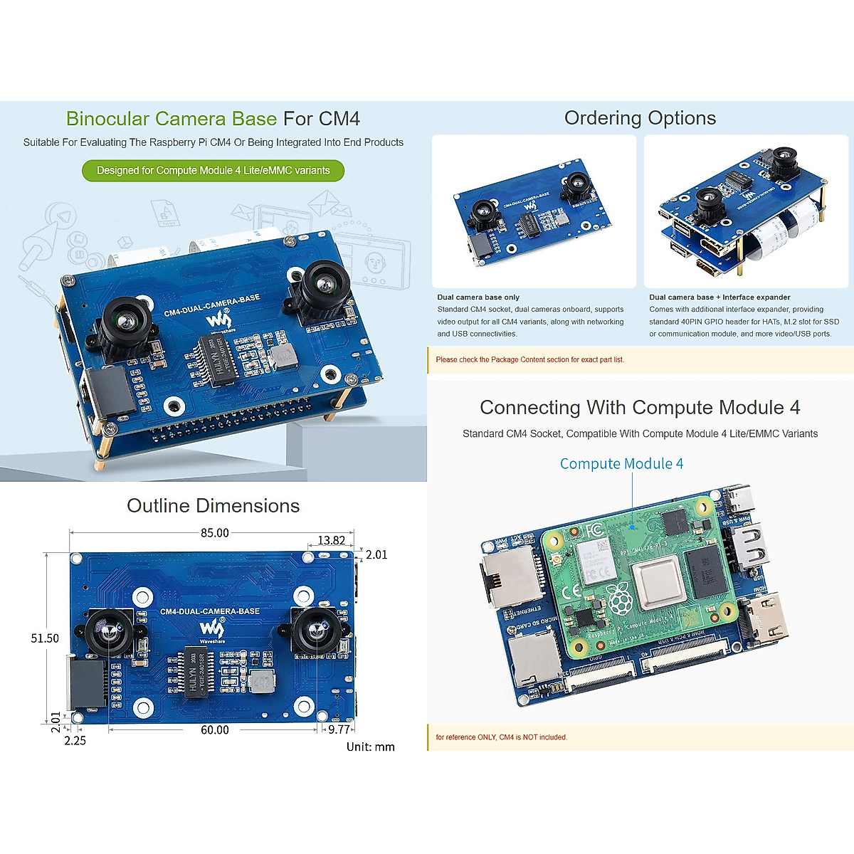 Waveshare Binocular Camera Base Board Designed for Raspberry Pi Compute Module 4 Bundle with Interface expander and 2PCS FFC