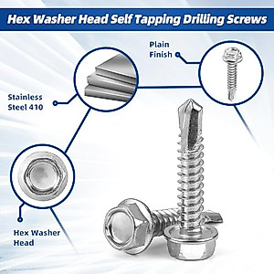 #12 x 1-1/2" Sheet Metal Screws Hex Washer Head Self Drilling Screw with Drill Point, Hex Drive, 410 Stainless Steel Self Tapping, 50 PCS