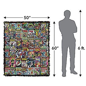 LOGOVISION Marvel Comic Blanket, 50"x60" Misc. Comic Collage Woven Tapestry Cotton Blend Fringed Throw