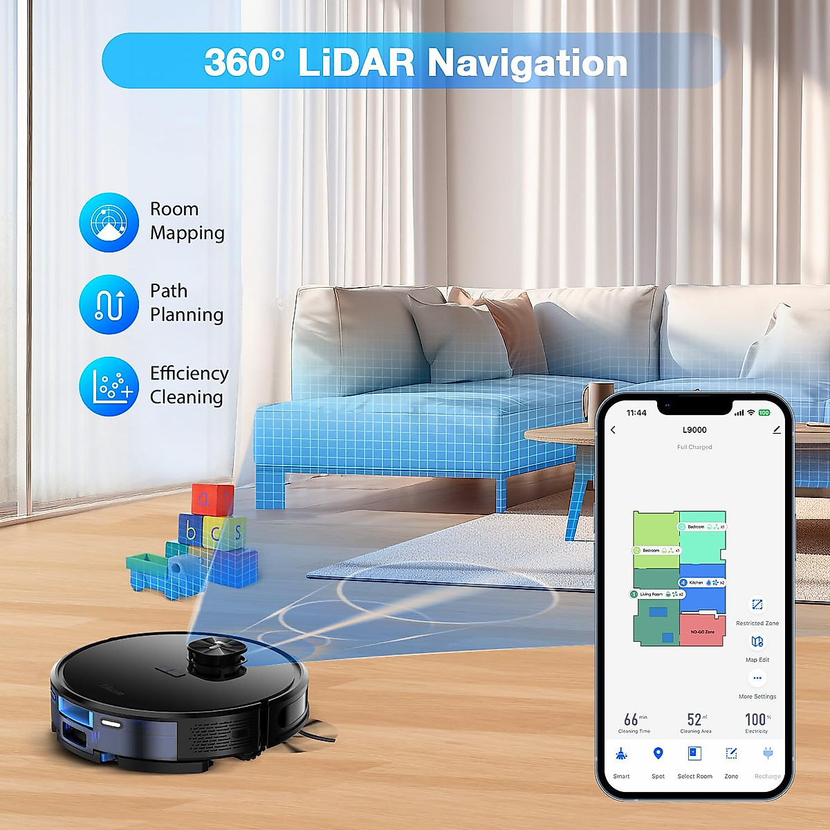 Tikom Robot Vacuum and Mop Combo with LiDAR Navigation, L9000 Robotic Vacuum Cleaner with 4000Pa Suction,150Min Max, 14 No-Go Zones, Smart Mapping, Good for Pet Hair, Carpet, Hard Floor(Dark Black)