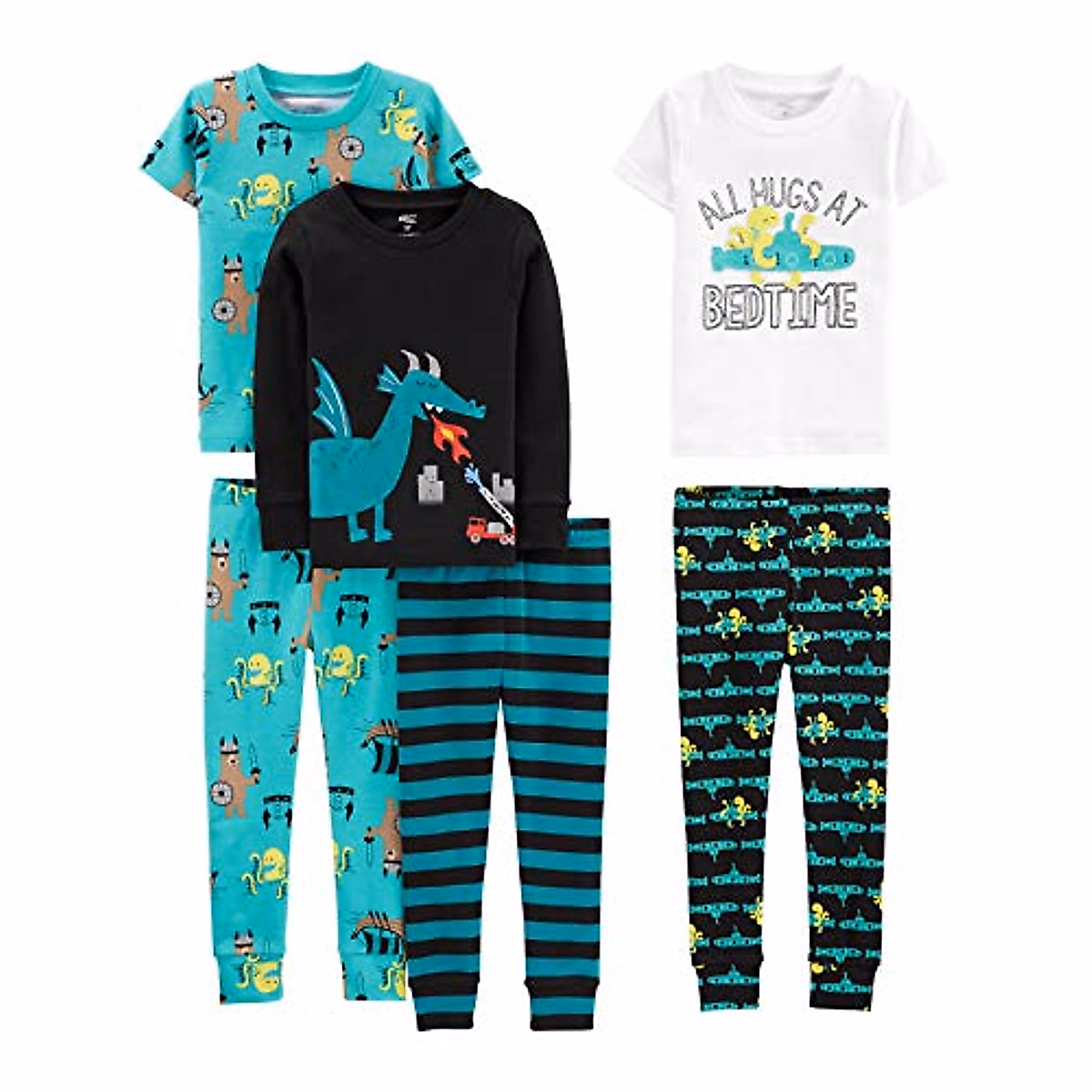 Simple Joys by Carter's Boys' 6-Piece Snug Fit Cotton Pajama Set, Multicolor/Bear/Dragon/Octopus/Stripe