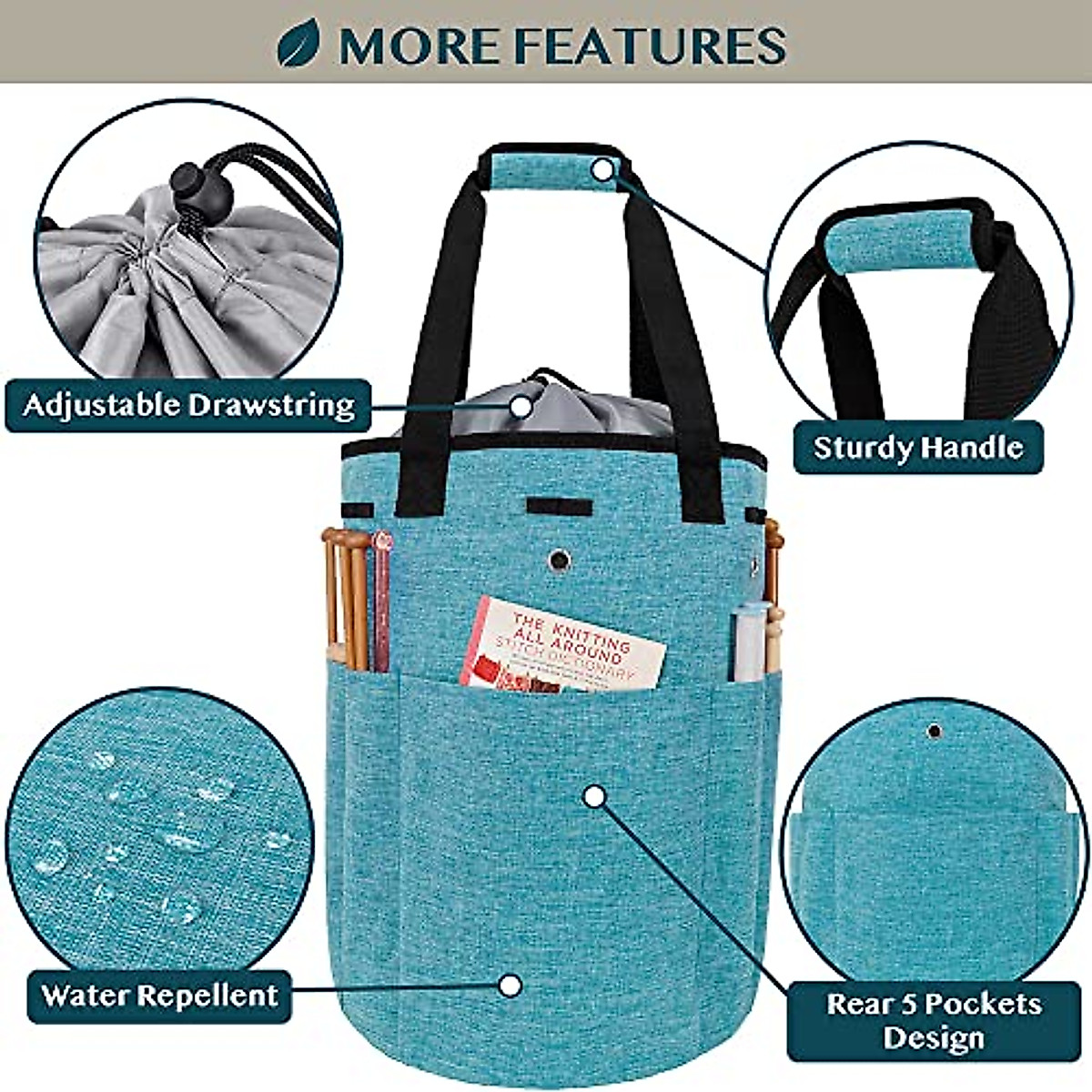 PAVILIA Knitting Bag Yarn Storage Tote - Crochet Organizer Bag, Yarn Storage Holder for Knitting Accessories, Yarn Skiens, Needles, Hooks, Unfinished Project, with Grommets (Turquoise Blue)