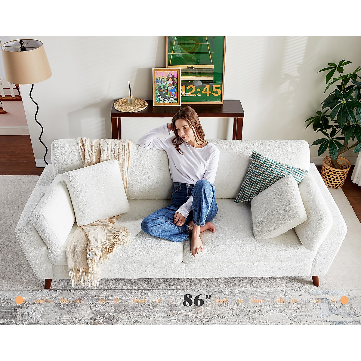 AMERLIFE Sofa, 86 Inch Modern Couch with 4 Throw Pillows, 3 Seater Couch for Living Room, Offwhite Boucle Upholstered Sofa