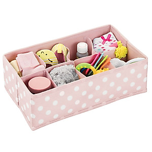 mDesign Fabric 8-Section Divider Drawer Organizer Bin for Baby Nursery Dresser, Closet, Shelf, Changing Table Organization, Hold Clothes, Toys, Diapers, Bib, Blanket - 2 Pack, Pink/White Polka Dot