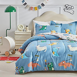 Kids Cotton Comforter Set for Boys Girls Reversible Car Bus Style White 3 PC Bedding Set with Blue Yellow Green Cars Colorful Teens Comforter with Pillow Shams Full Queen 88x88