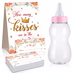 Fuutreo Guess How Many Baby Shower Game Sign with 50 Cards Floral Greenery Baby Shower Decorations with 2.76 x 2.76 x 8.27 Inch Baby Bottles for Girl Boy Party Games Favor Gift (Cute Style)