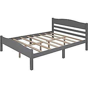 STP-Y Full Size Platform Bed, Rockjame Wood Bed Frame with Horizontal Strip Hollow Shape Headboard, Footboard and Center Support Feet, Perfect for Kids, Teens and Adults (Gray)