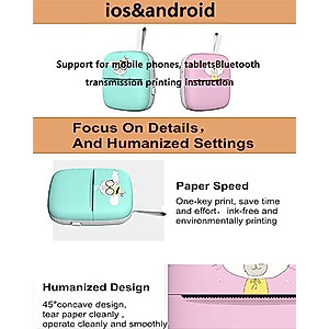 Mini Printer Portable, Pocket Thermal Printer with 5 Rolls Paper Compatible with iOS Android, Bluetooth Wireless Smart Printer for Learning Assistance, Study Notes, Work, Fun, Label List Note