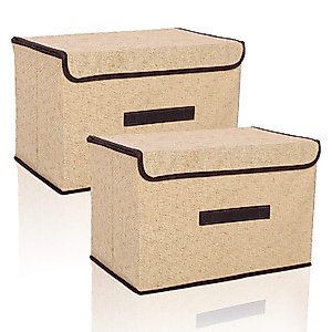 Fabric storage boxes and storage boxes, with handles and flip design, large foldable boxes, used to store books, clothes, toys, family bedroom closets, office storage bags. (2 pieces in beige)