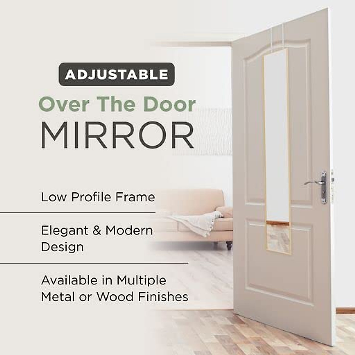 Mirrotek - Full Length Adjustable Over The Door Mirror Gold Aluminum Finish - Hanging Instant Install Long Full Body Mirror for Bedroom, Dorm Room