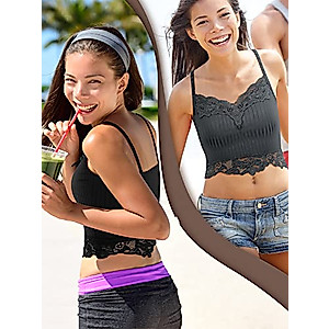 4 Pcs Lace Y2k Tank Tops Fairy Grunge Clothes Y2k Crop Tops Lace Patchwork Tops Cami Ribbed Knitted Tank Tops for Women (Black, White, Skin, Gray, Large)