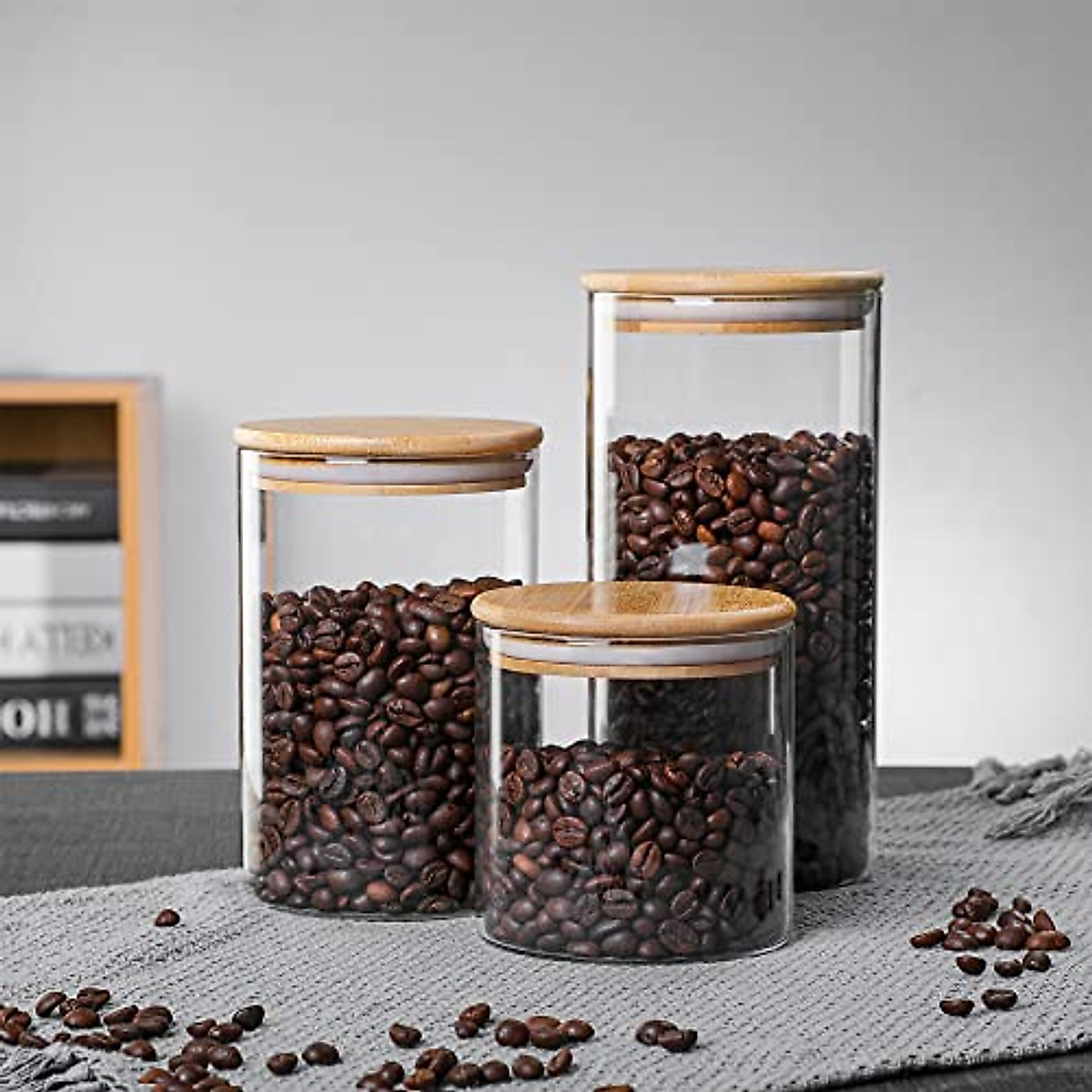 MOLFUJ 960 ML / 32 FL Oz Glass Storage Container with Wood Lid, Stackable Clear Decorative Organizer Bottle Canister Pantry Jar with Air Tight Wooden Lid for Food, Coffee, Candy, Sugar, Salt, Tea